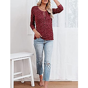 Women's Long Sleeve Henley Tops Pullover V Neck Button Loose Casual T Shirts (Small, Red Wine)