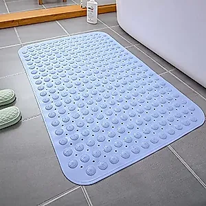Scceatti Bathroom Rugs Quick Drying Bath Mat 32 x 16 Light Blue Bathroom Floor Mat Shower Mat Extra Large Non Slip Mat for Elderly & Kids Bathroom Drain Holes Strong Suction Cups for Bathroom Floor