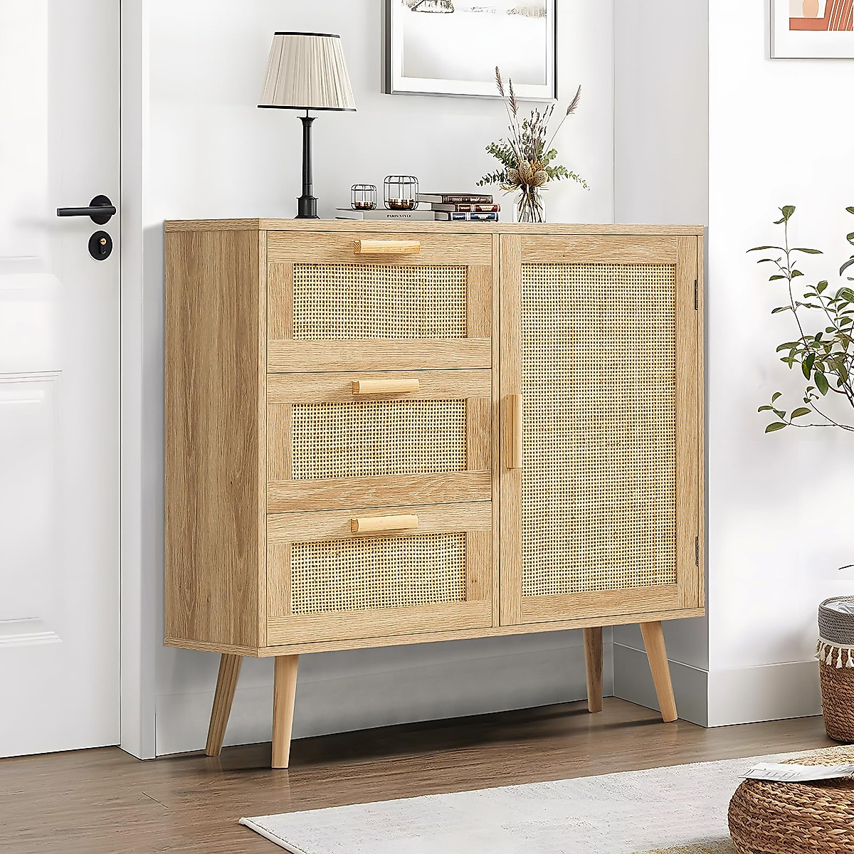 Iwell Storage Cabinet with Rattan Door & 3 Drawers, Rattan Cabinet with Adjustable Shelf, Accent Cabinet for Living Room, Entryway, Natural