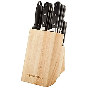Amazon Basics 18-Piece Premium Kitchen Knife Block Set, High-Carbon Stainless Steel Blades with Pine Wood Knife Block