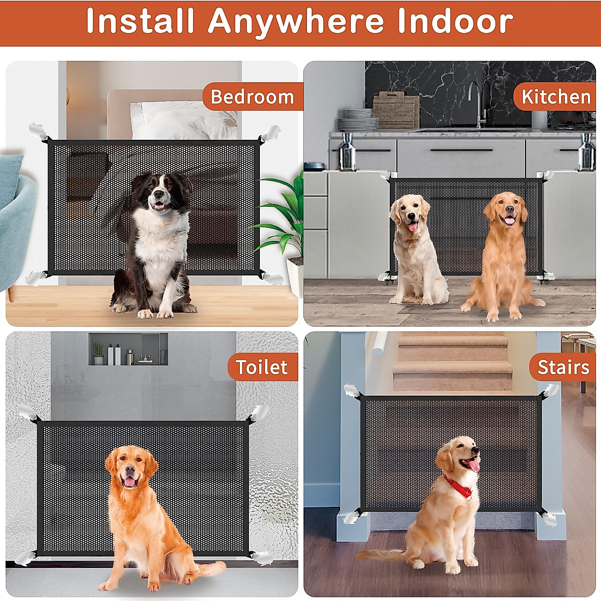 Dog Gates for The House, Malydyox Mesh Baby Gates for Stairs with Portable Safety Fence Easily Install Anywhere, Child Gate for Doorways with 2pcs Stainless Steel Pole and 8pcs Hooks , 43'' X 29''