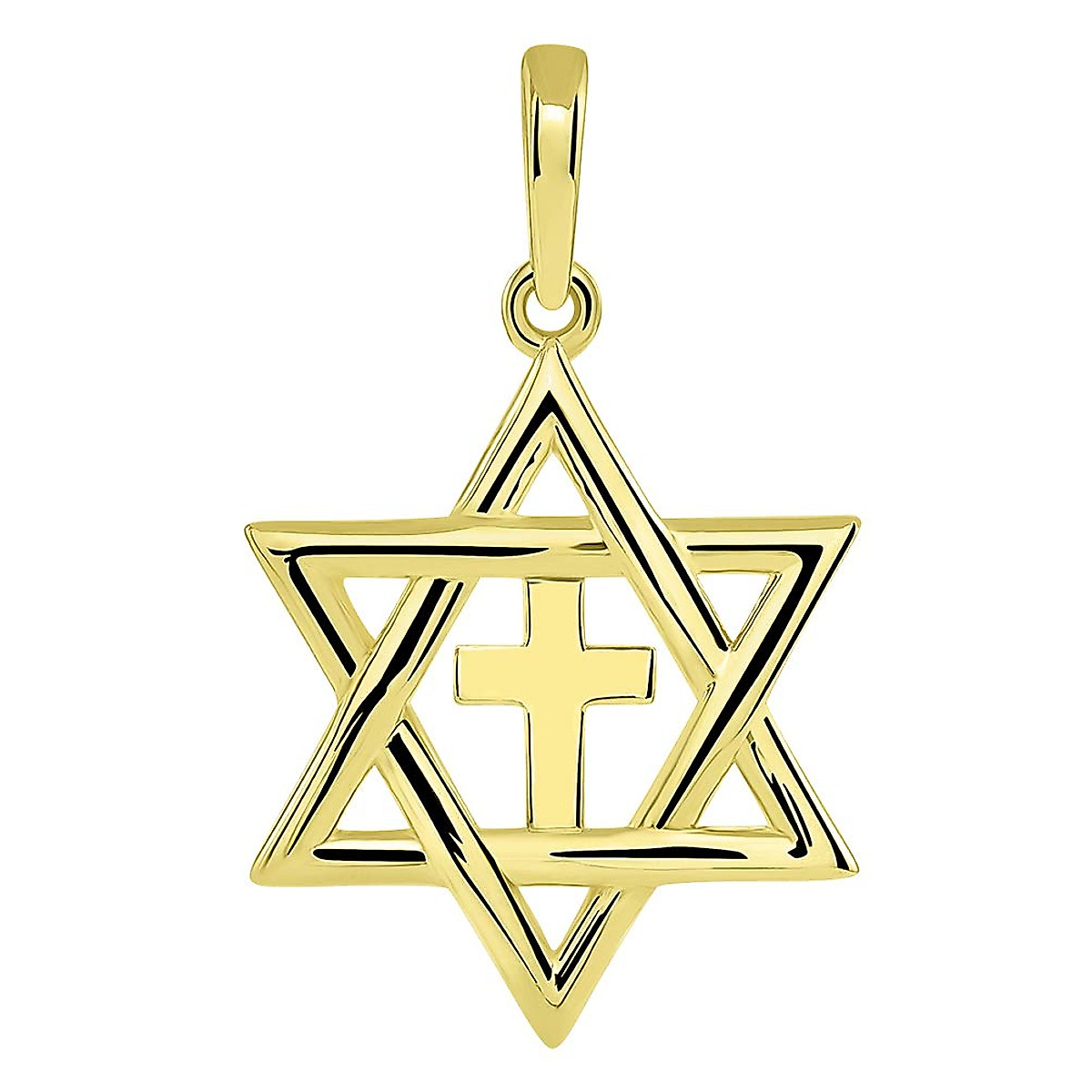 Jewelry America 14k Yellow Gold Jewish Star of David with Religious Cross Judeo Christian Pendant Necklace, 22"