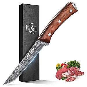 ROCOCO Damascus Boning Knife for Meat Cutting Deboning Brisket Slicing Trimming knife Fish Fillet Knife with Narrow Blade for Kitchen Camping BBQ Birthday Mothday's Day Gift 5.3"