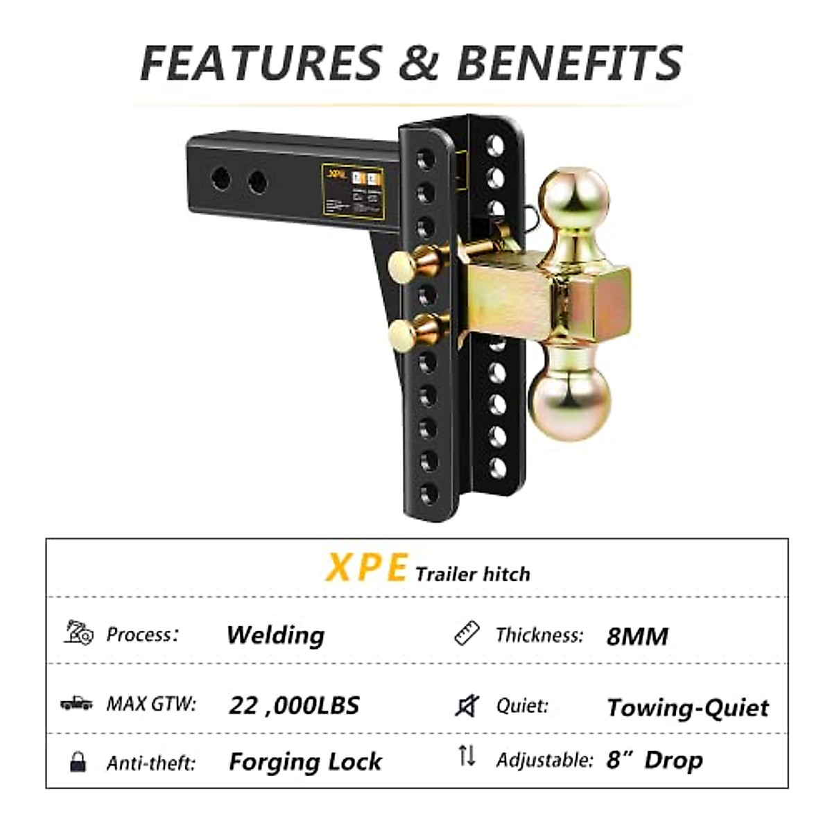 XPE Adjustable Trailer Hitch, Fits 2.5-Inch Receiver, 8-Inch Drop/Rise,2" & 2-5/16" Ball Hitches for Trucks, 22,000 LBS GTW - Receiver Hitch with Anti-Theft Pin, Solid Ball Mount, BLK,X-452508