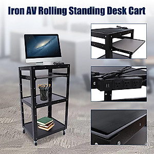 Large AV Cart Rolling Standing Desk Projector Cart on Wheels with Power Strip Cord Management Easy to Assemble for Classroom Conference Room Office Library Kitchen (Black)