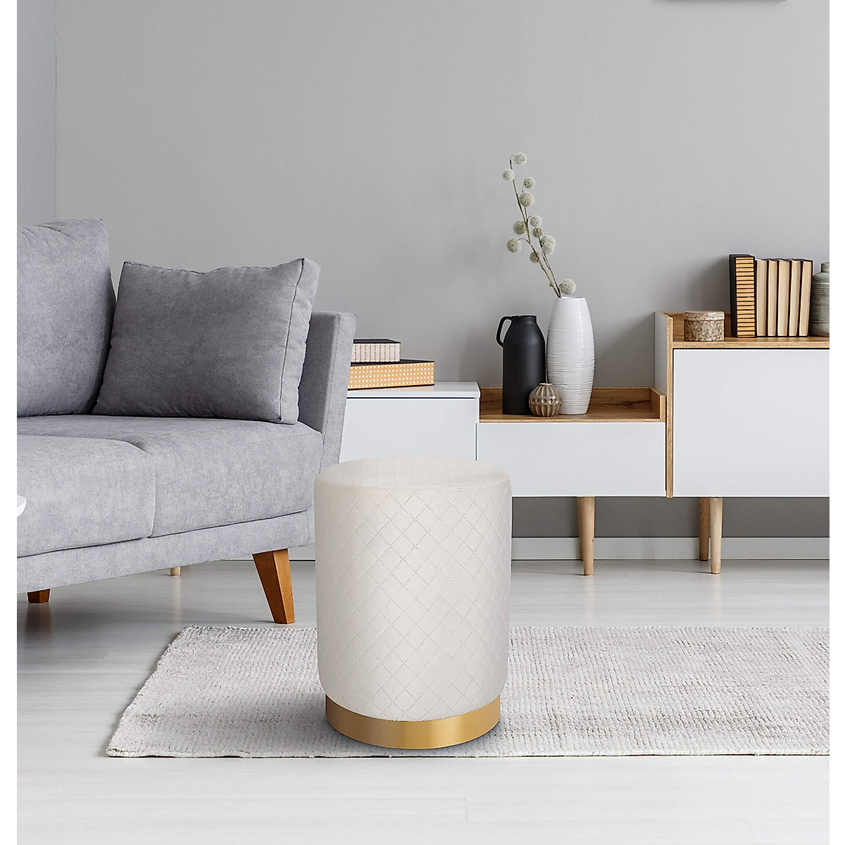 BIRDROCK HOME Round Cream Velvet Ottoman Foot Stool with Lattice Design – Soft Compact Padded Stool – Gold Trim - Great for The Living Room or Bedroom – Decorative Furniture – Foot Rest