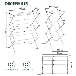 TOOLF Expandable Clothes Drying Rack, Foldable Laundry Drying Rack, 3-Tier Collapsible Clothing Dryer, Adjustable Towel Rack for Air Drying Clothing, Bed Linen, Clothing, Socks, Scarves, White