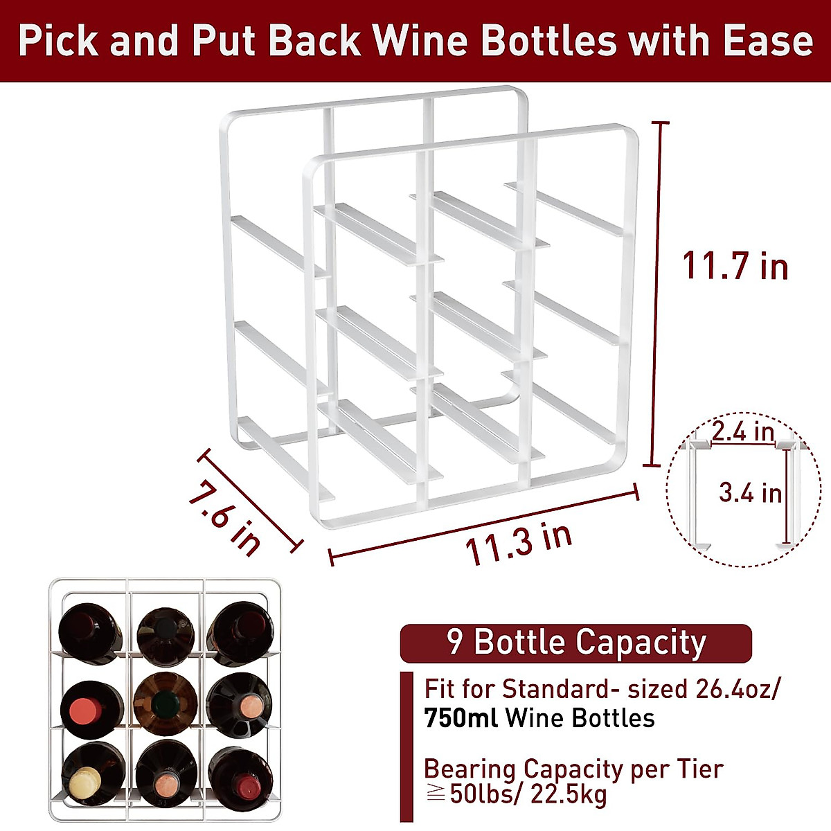 Buruis 9 Bottles Metal Wine Rack, Free-Standing Cabinet Water Bottle and Wine Rack Storage Organizer for Kitchen Countertop, Pantry, Fridge, Space Saver Protector for Red and White Wines Bottle