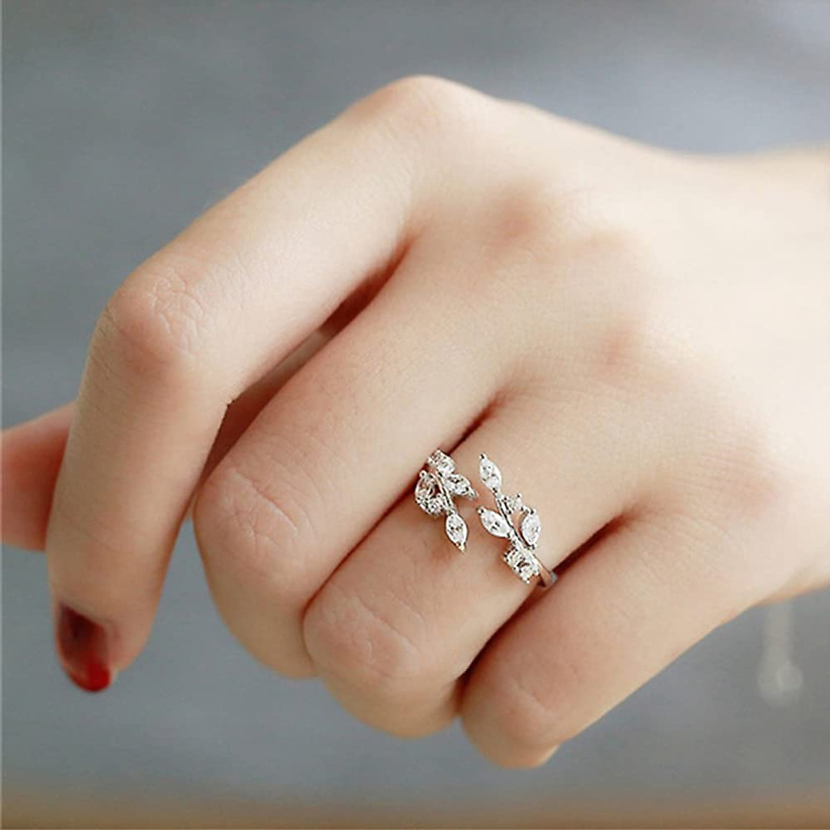 MIFYNN Double Leaf Wrap Rings for Women Dainty Zircon Rings Adjustable Hypoallergenic (leaf)