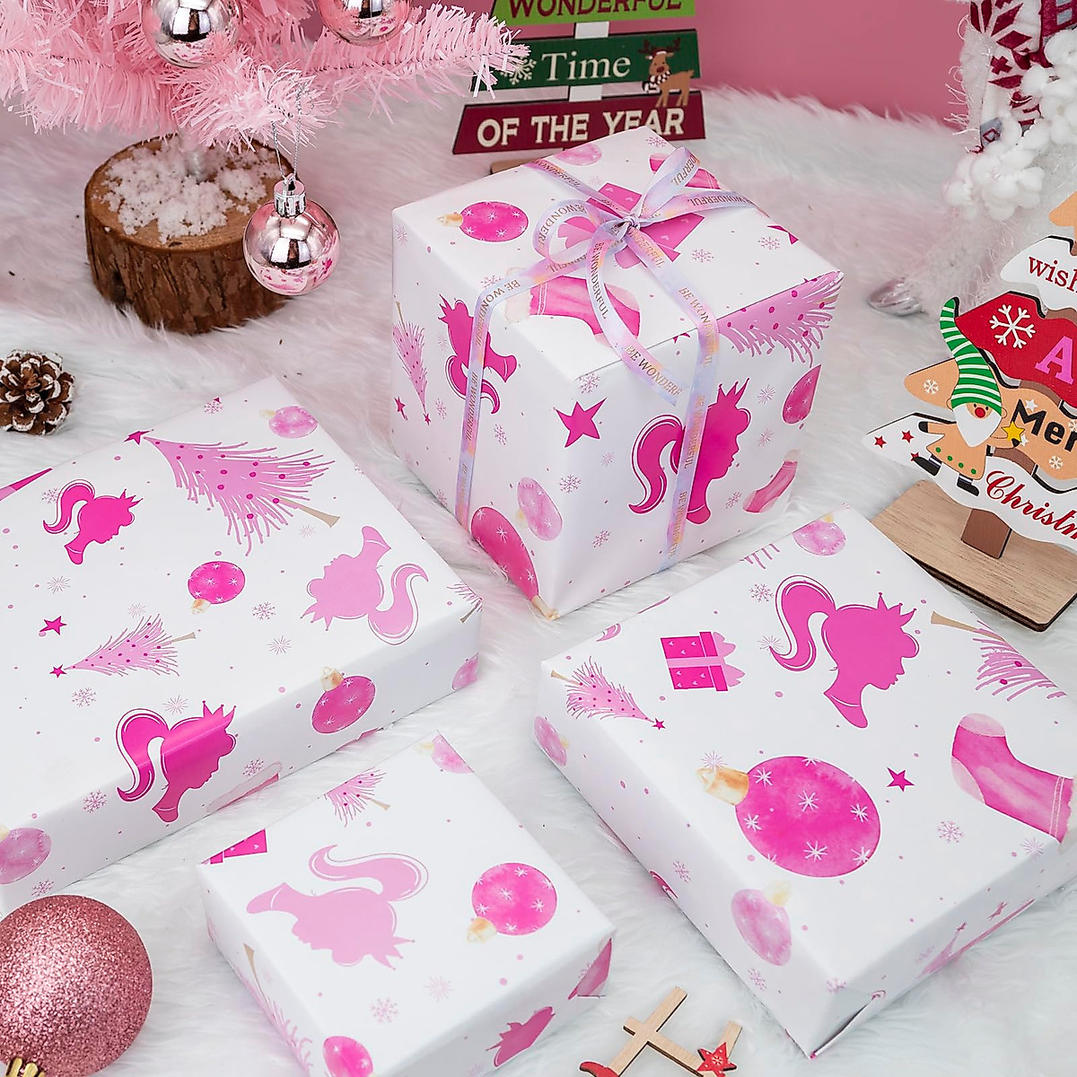 Vnaaem Pink Christmas Wrapping Paper for Girls Kids - Princess Christmas Tree Stocking Gift Design Cute Xmas Gift Wrap for Holiday Party Baby Shower Wedding Winter Birthday, 19.6 X 27.8Inch Per Sheet(6 Sheets)