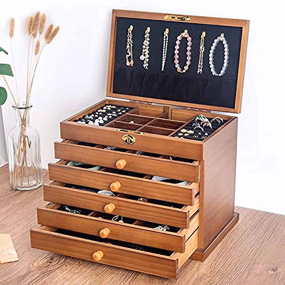 ZZYINH AN207 Solid Wood Six-Layer Jewel Box Large Capacity with Lock Retro Eardrop Earrings Necklace Jewelry Gift Small Jewelry (Color : Black)