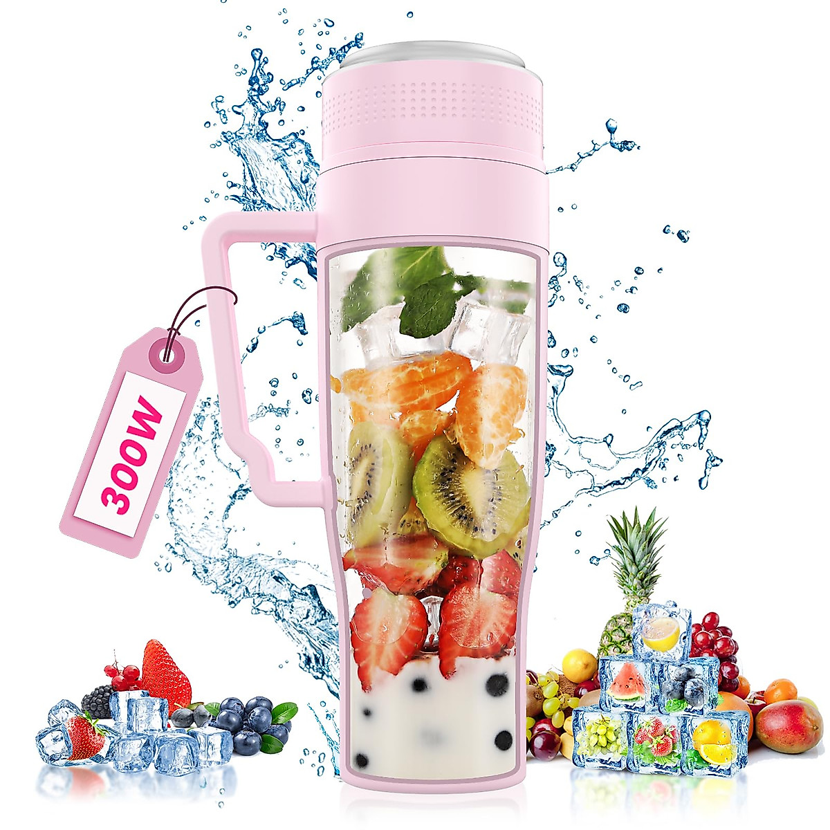 Portable Blender,MoKo 300W Portable Blender for Shakes and Smoothies,22 oz Personal Blender,Smoothie Blender with 6 Blades,BPA Free,USB Rechargeable,Handle and Straw Lid, Blender for Anywhere, Pink