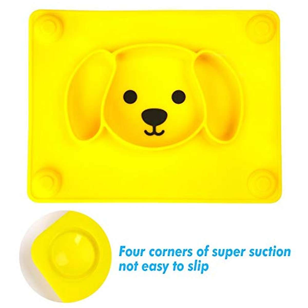 Qshare Toddler Plate, Portable Baby Plates for Toddlers and Kids, BPA-Free Strong Suction Plates for Toddlers, Dishwasher & Microwave Safe Silicone Placemat 11x8x1 inch (3Puppy-Yellow)