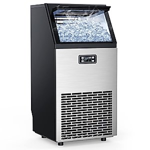 FREE VILLAGE Commercial Ice Maker Machine, 100lbs/Day, 45 Ice Cubes/Batch in 11-18 Mins, Self-Cleaning, Advanced LCD Panel, Stainless Steel, Freestanding Ice Maker for Home Office Restaurant Bar Party