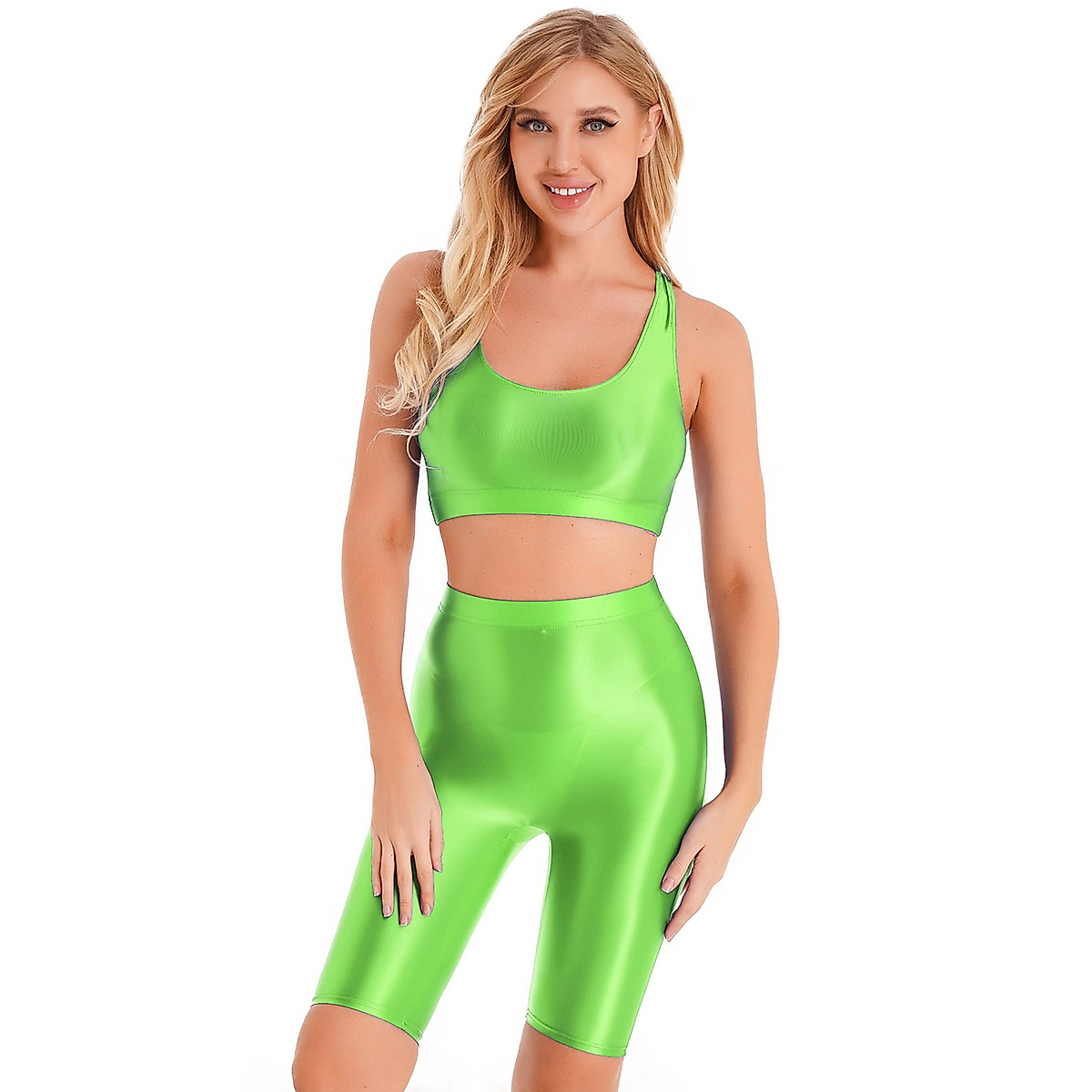 YiZYiF Women Glossy 2 Piece Set Yoga Crop Top Shorts Set Outfits Sleeveless Tracksuit Workout Set Fluorescent Green X-Large