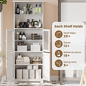 Tiptiper Bathroom Storage Cabinet, Tall Bathroom Cabinet with Adjustable Shelves and Glass Doors, for Bathroom, Kitchen, 11.2" D x 23.6" W x 64" H, White