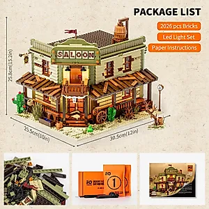 FUNWHOLE Western-Saloon Lighting Building-Bricks Set - The Old West Saloon LED Light Construction Building Model Set 2026 Pcs for Adults and Teen