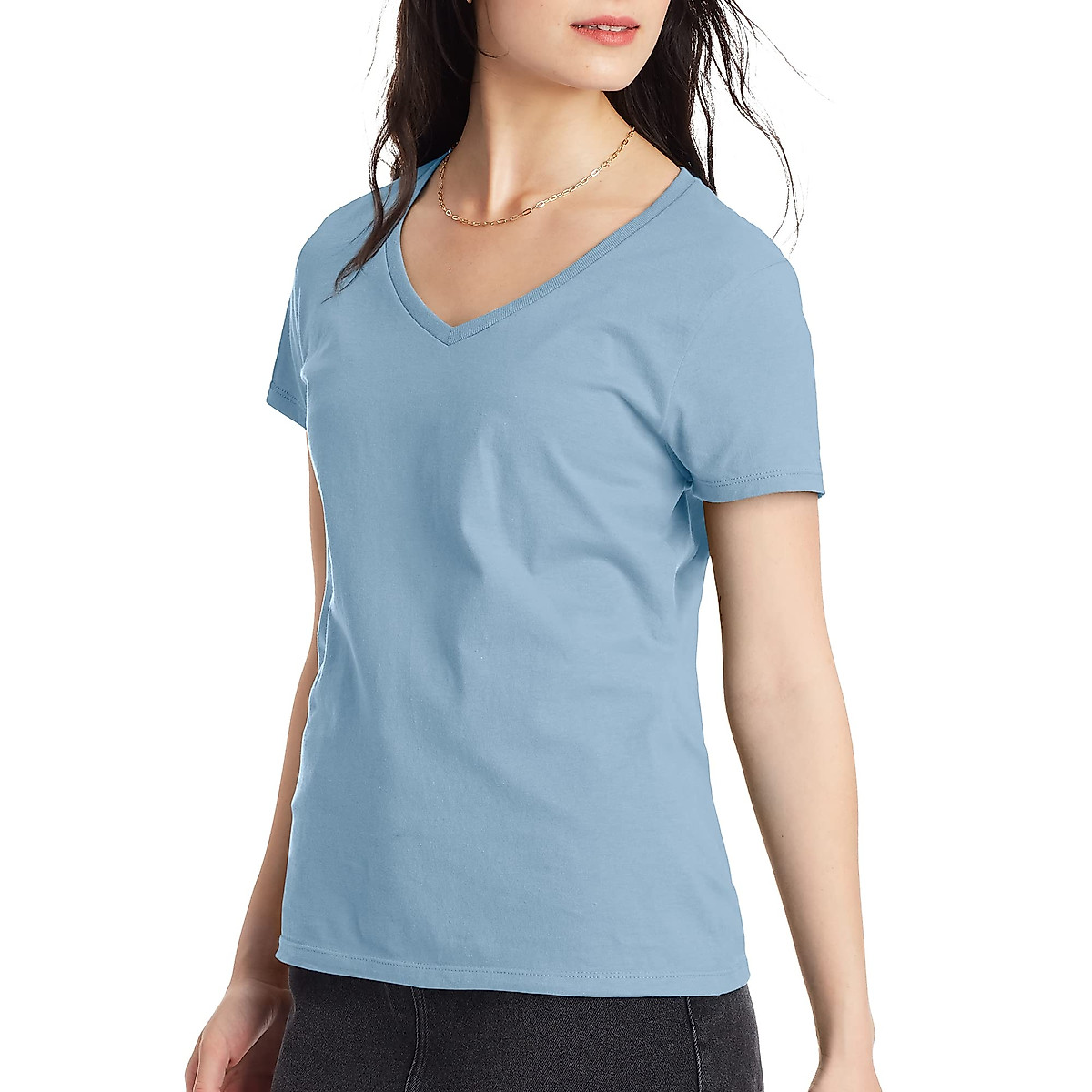 Hanes womens Nano Premium Cotton V-neck Tee fashion t shirts, Light Blue, Large US