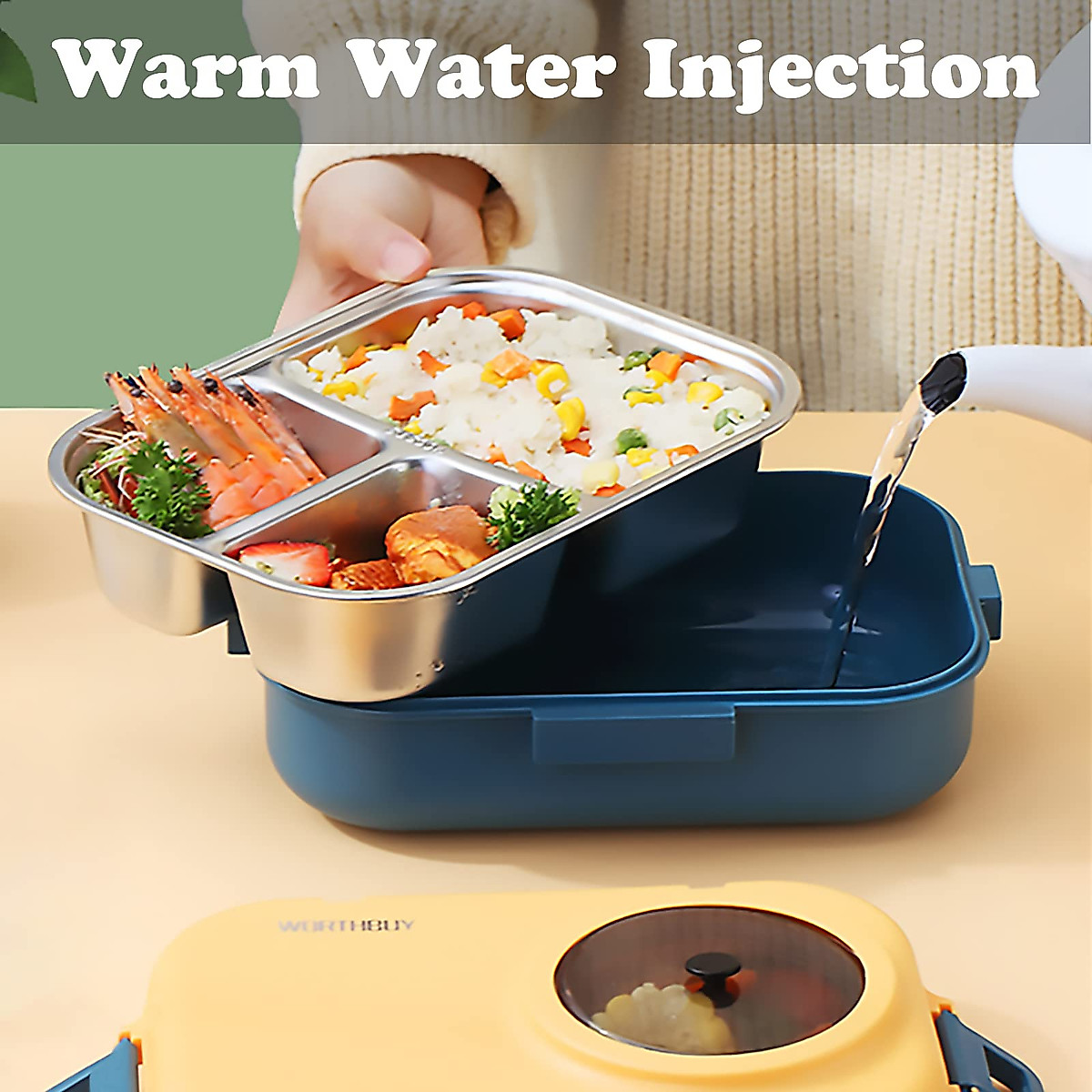 LANSKYWARE Stainless Steel Bento Box with Insulated Lunch Bag, 900 ml Lunch Box & 200 ml Soup Bowl, Blue & Yellow