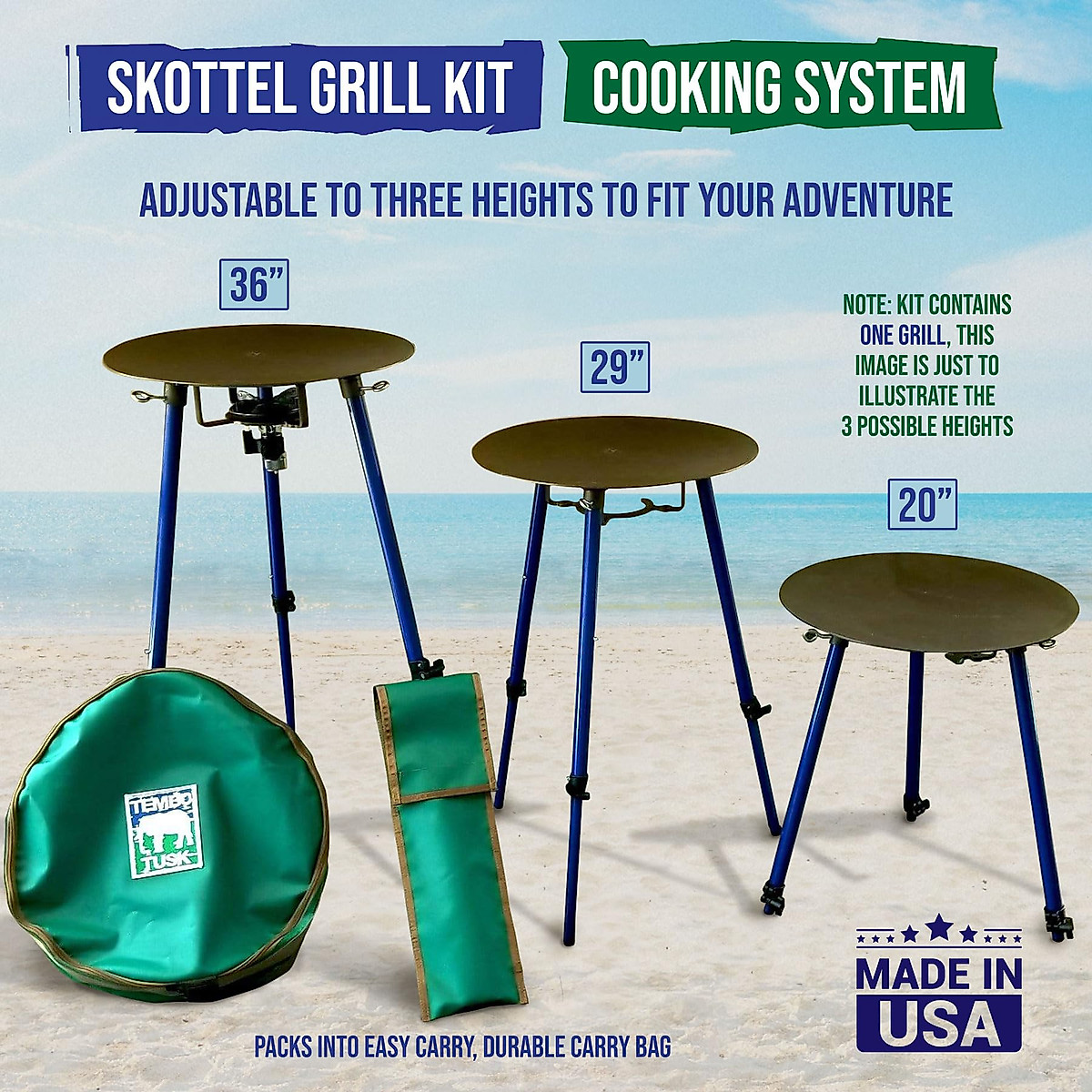 TEMBOTUSK The Original Skottle grill cooking system kit based on the South African braai pan or cowboy wok skillet style cooker, all packs in one carry bag.