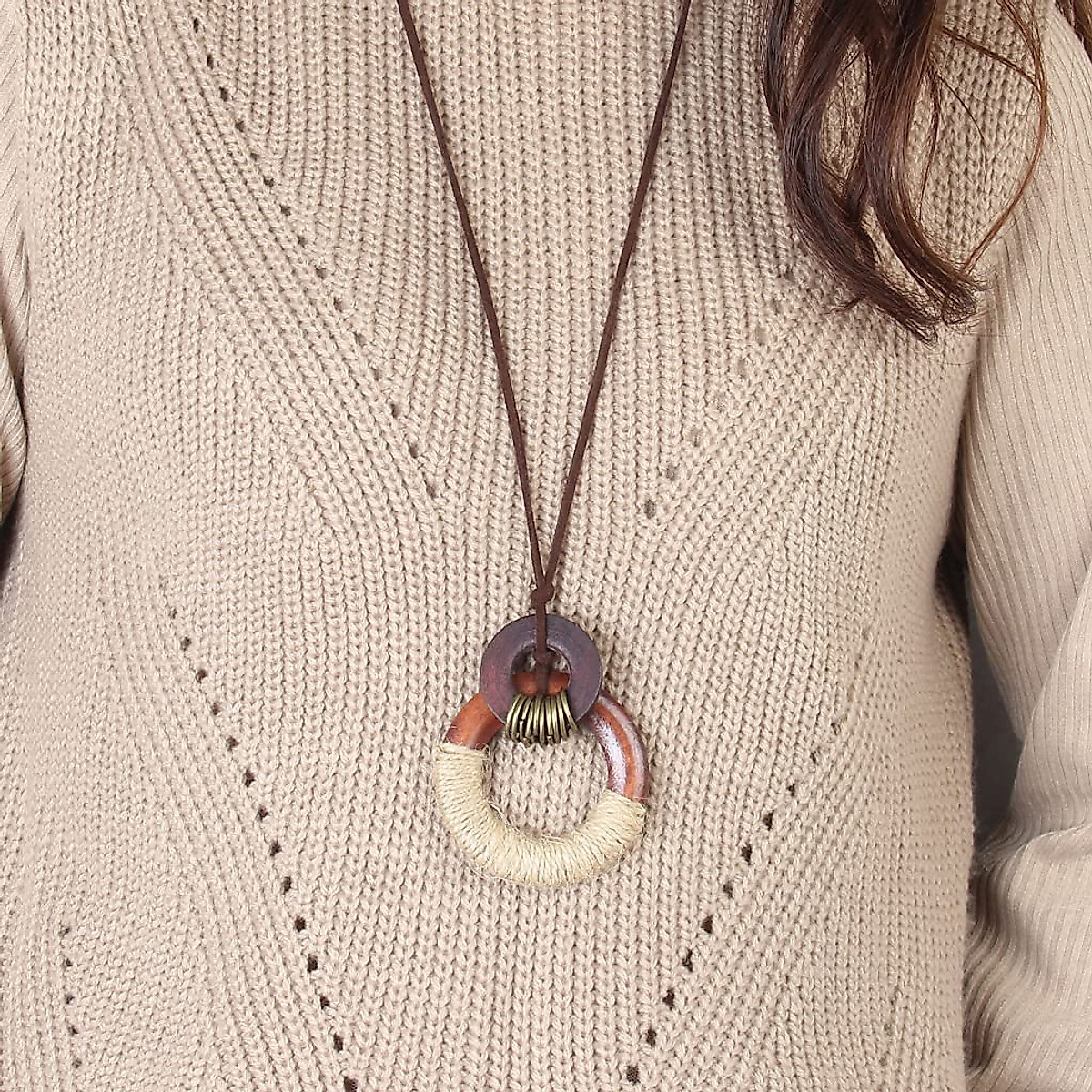 GelConnie Womens Pendant Necklace Wood Handmade Jewelry Leather Necklace Long Rope Sweater Necklace for Woman