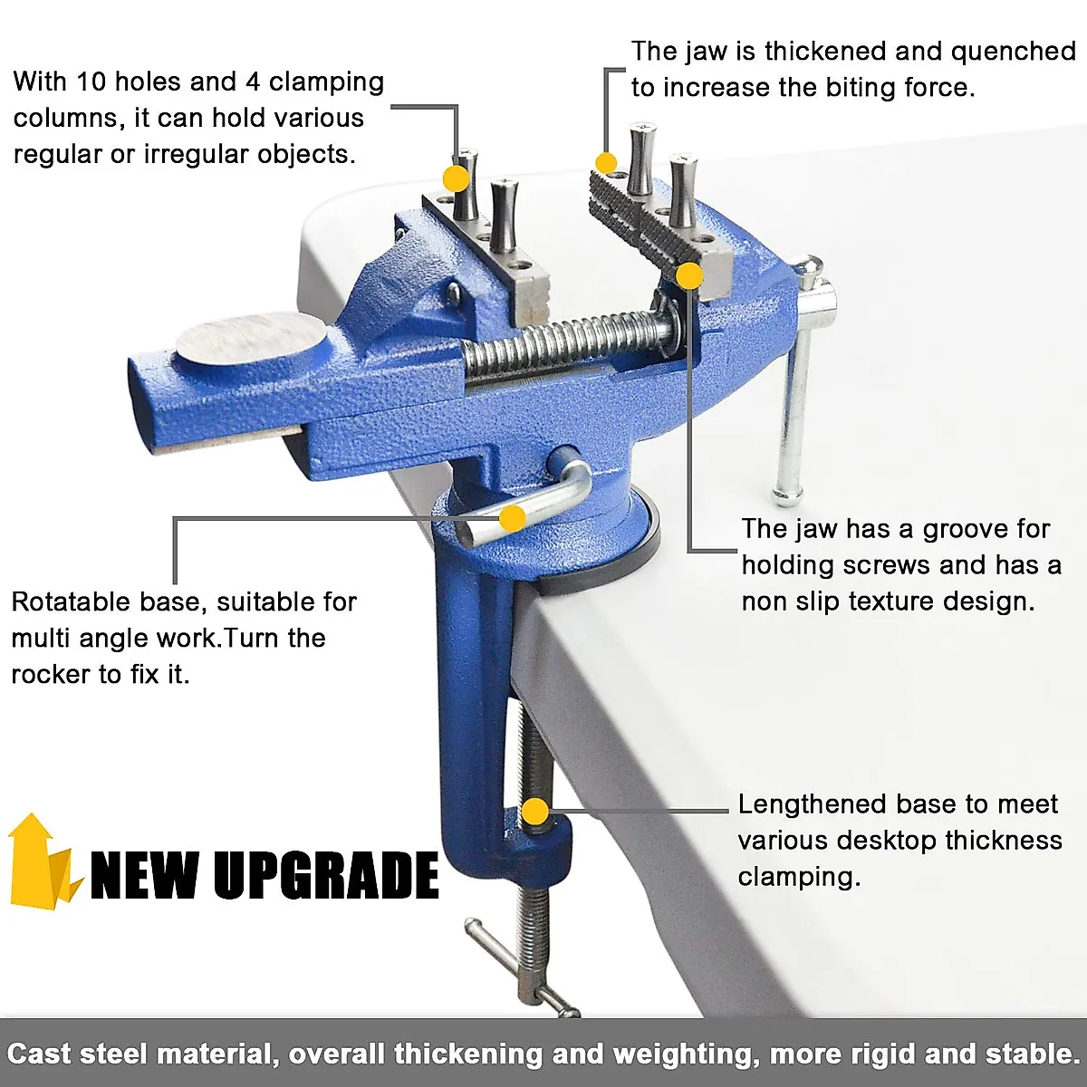 Bench Vise with Clamp Post Universal 3 Inch Bench Clamps 360° Swivel Base Home Vise for Holding Irregular Objects Table Vice with Longer Clamping Distance for Woodworking, Drilling, etc.