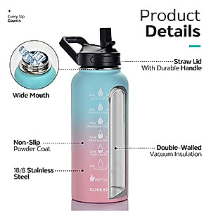 GUSKYDO 32 oz Vacuum Insulated Stainless Steel Water Bottle with Straw & Spout Lid -Leak Proof Water Bottle with Times Marker to Drink - Hot &Cold Double Wall Thermos Sports Water Flask (Pink/Blue)