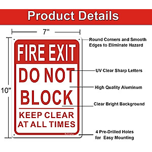 Fire Exit Sign, Do Not Block Door Signs, Keep Clear at All Times Sign, 10 x 7 Inches Rust Free Aluminum, Weather/Fade Resistant, Easy Mounting, 2 Pack