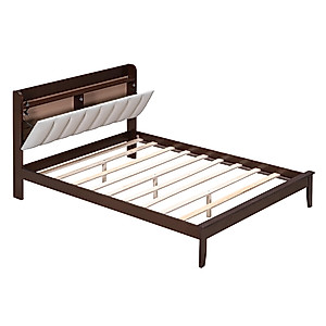 HZXINKEDZSW Full Size Platform Bed with USB Charging Station and Storage Upholstered Headboard,Wooden Bed Frame with LED Lights for Kids Teens Adults,No Box Spring Needed (Walnut+Beige, Full)