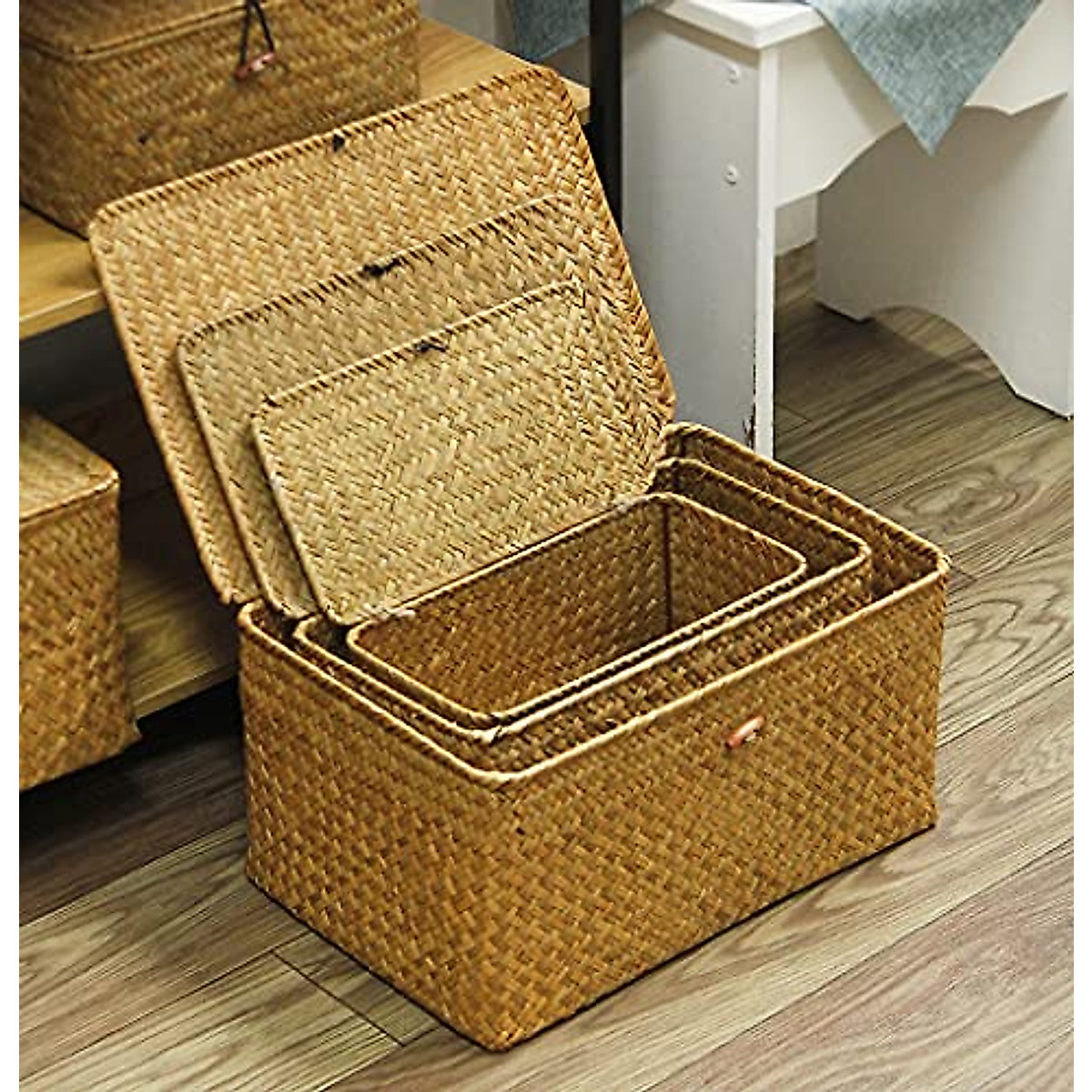 FEILANDUO 6 Pieces Wicker Basket with Lid Seagrass Woven Basket Box Home Shelf Storage Organize Boho Decor