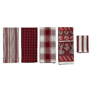 DII Assorted Pattern, Kitchen Collection, Dishtowels & Dishcloth, Garnet, 5 Piece