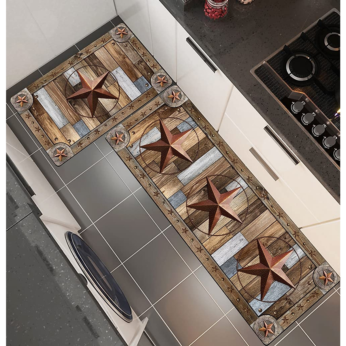 AILUER Farmhouse Wood Kitchen Rugs Mats Set of 2 Rustic Texas Star Anti-Fatigue Cushioned Kitchen Floor Mat Non-Slip Backing Washable Kitchen Rugs Set Office Laundry, 17inchx29.5inch+17inchx47inch