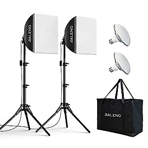 RALENO® Softbox Lighting Kit, 2 x 16'' x 16'' Photography Studio Equipments with 50W / 5500K / 90 CRI LED Bulbs, Continuous Lighting System for Video Recording and Photography Shooting