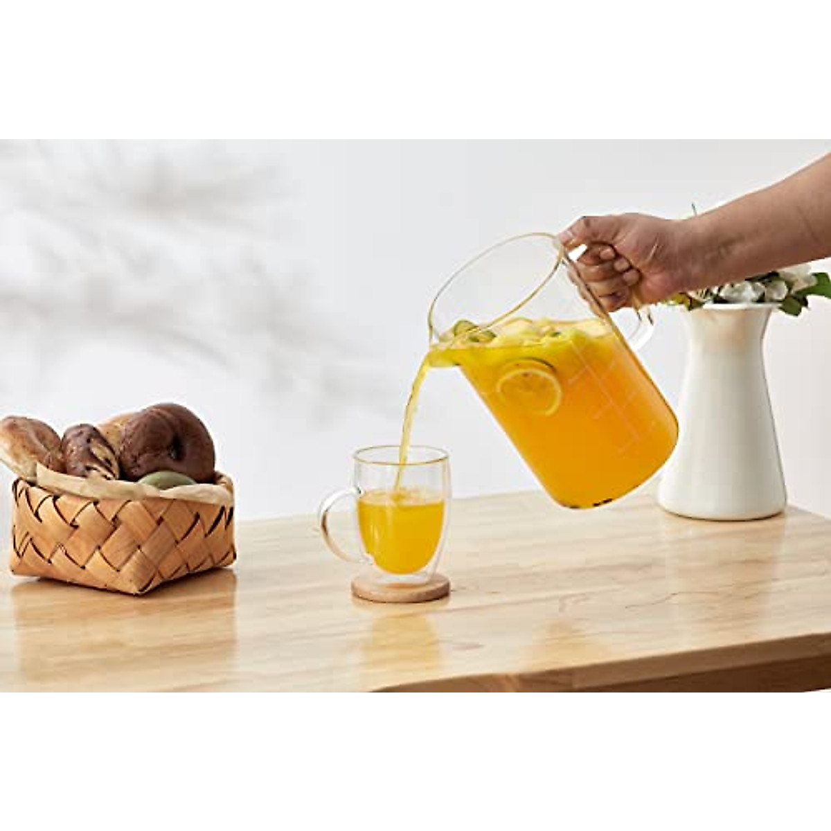 Glass Water Pitcher with Scale Line, Dinner Table Pitcher, Large Serving Carafe for Water, Juice, Sangria, Lemonade, and Milk, Clear Glass Beverage Pitcher (Clear, 85 oz)