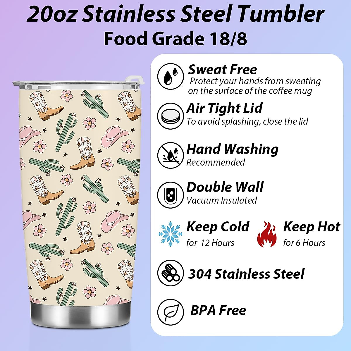 Western Coffee Tumbler, 20 oz Tumbler, Insulated Coffee Mug with Lid, Stainless Steel Thermal Cup, Vacuum Water Bottle Travel Mug Drinking Cups, Western Gifts for Women Girls Sisters, Western Stuff