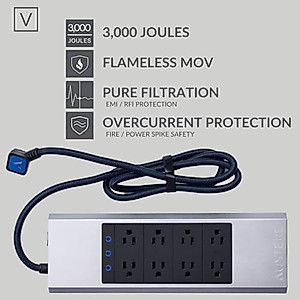 Austere V Series Surge Protector Power Strip, 8 Wide Outlets, 3 USB C and 2 USB A 2.4 amp Ports | 3000 Joules Heavy Duty, EMI/RFI Filtering, 5 Year Component Guarantee