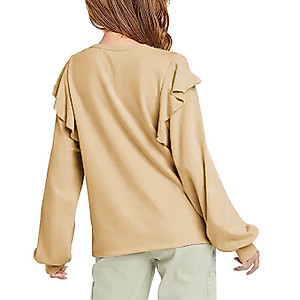 Zwurew Long Sleeve Girls Shirts Crewneck Sweatshirts Ruffle Tops Khaki Spring Clothes Shirts for Girls 9-10 Years