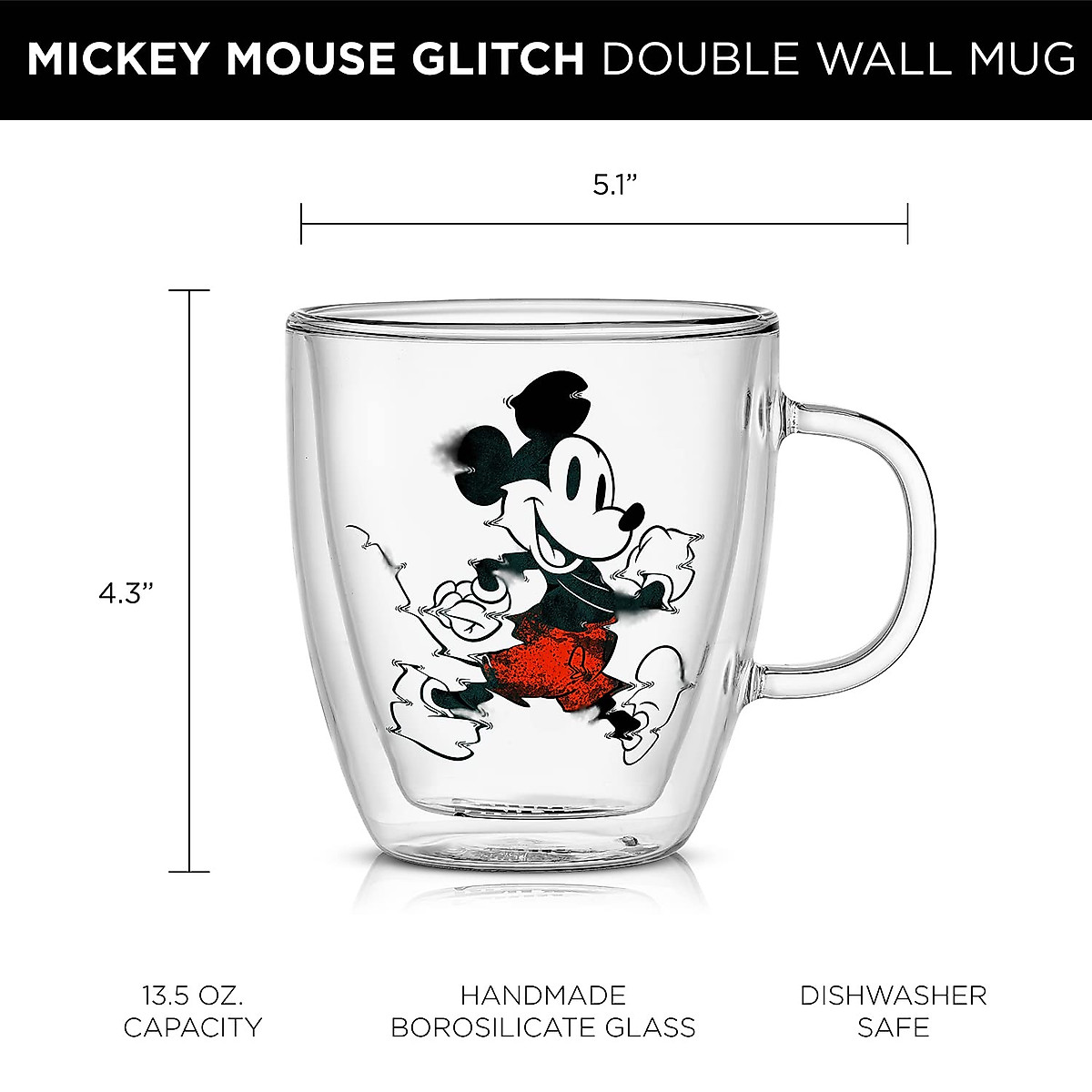 JoyJolt Mickey Mouse 13.5oz Glass Cups Set. 2 Insulated Double Wall Glass Coffee Cups, Insulated Coffee Cup Set. Unique Coffee Mugs, Large Espresso Cups. Disney Cups and Disney Mugs.
