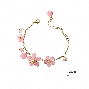 Barsly Flower Bracelet with Pink Cherry Blossom Green Pearl Small and Fresh and Heartly Sweet Bracelet Gold-Color