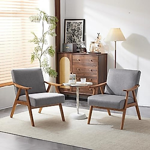 VINGLI Grey Accent Chairs Set of 2, Retro Mid Century Lounge Chairs for Living Room, Sturdy Upholstered Solid Wood Boho Farmhouse Armchairs for Bedroom/Reception