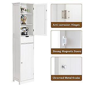 Iwell Tall Linen Tower Cabinet, Freestanding Bathroom Cabinet with 2 Doors 6 Tier Shelves & Drawer, Narrow Floor Storage Cabinet for Living Room, White