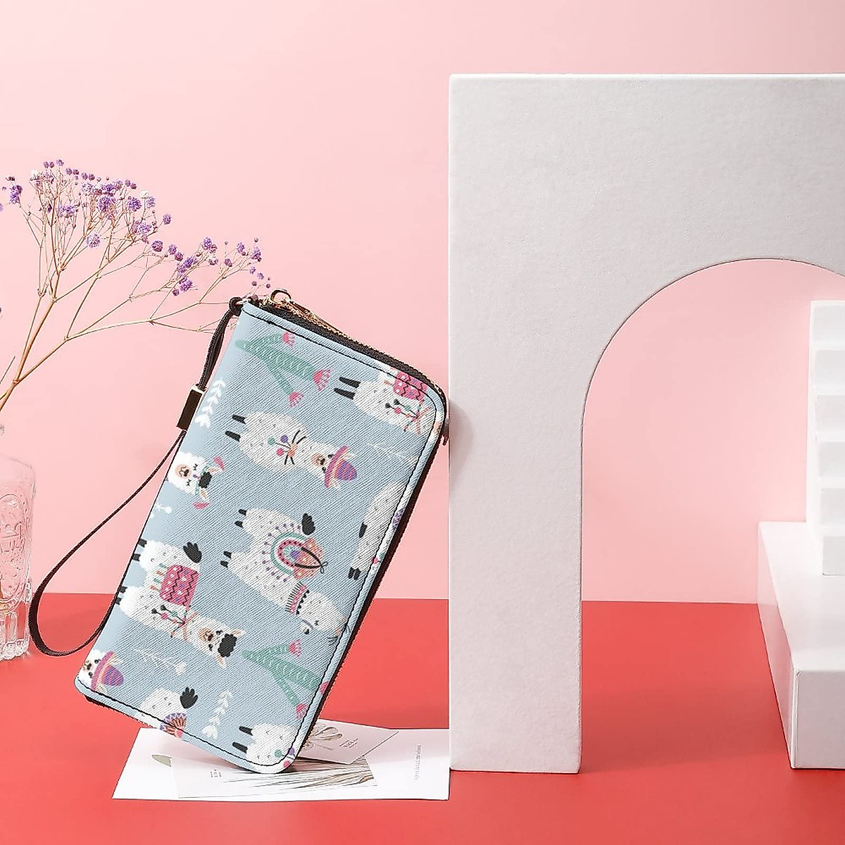 FunnyStar Cartoon Llama Alpaca Women's Long RFID Hand Wallet Wristlet Clutch Purse PU Leather Handbag with Wrist Strap