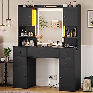 Tiptiper Large Makeup Vanity Desk with Mirror and Lights, Vanity Table with Charging Station & Time Display & Ambient Light, Makeup Table with Drawers & Storage Cabinets, Black