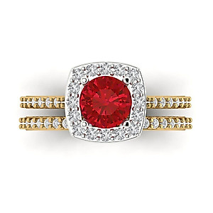 Clara Pucci 2.25ct Round Cut Laser Engraving Halo Pave Halo Ruby Engagement Bridal Wedding Ring Band set 18K Yellow White Gold Size 4.25