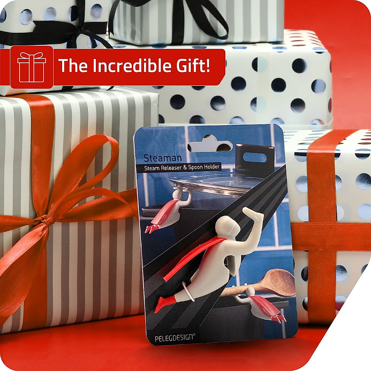 Steaman: Steam Releaser for Pot Top and Edge-Sitting Spoon Holder | Superhero-Themed Steam Releaser to Keep the Lid Slightly Lifted and Help Reduce Sauces | Cute Kitchen Accessories by Peleg Design