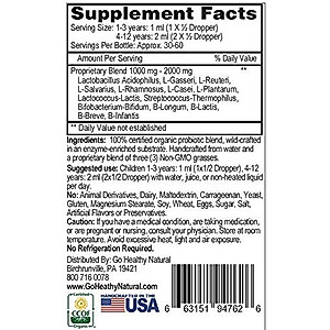 Probiotics for Infants, Toddlers & Kids - Vegan, Vegetarian, Non-GMO, Gluten Free, USDA Organic, w/Acidophilus Unflavored Drops 30-60 Servings
