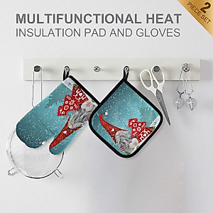Merry Christmas Tomte Winter Snowflake Pattern Oven Mitts and Pot Holders Set, Heat Resistant Non-Slip Gloves Hot Pads Insulated for BBQ, Grill, Baking, Cooking, Oven, Microwave, Kitchen Gift