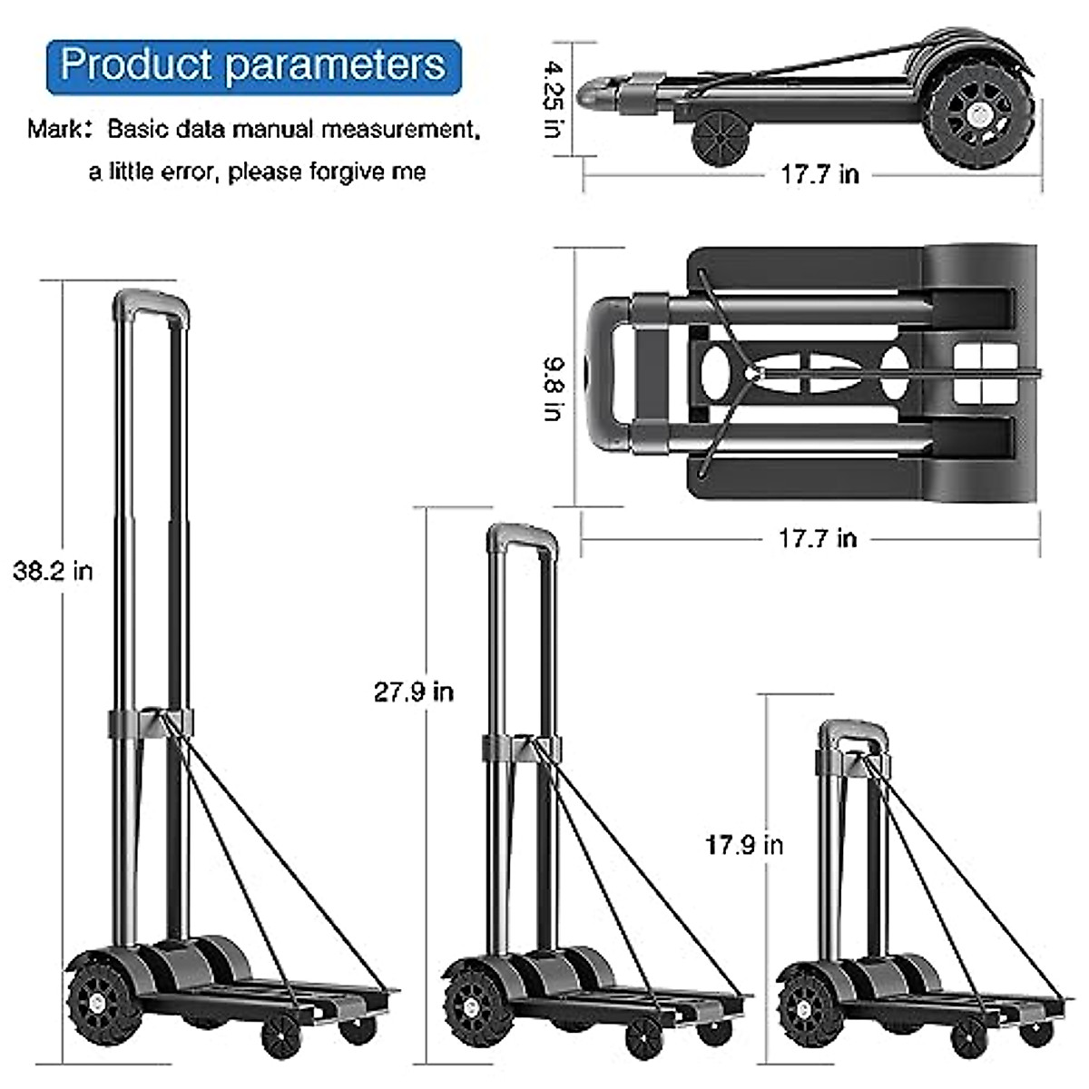 Folding Hand Truck,110 lbs Dolly Cart with Wheels for Moving, Solid Construction Utility Cart Compact and Lightweight for Moving/Shopping/Travel/Office Use