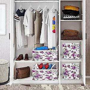 Kigai Purple Flowers Cube Storage Bins - 11x11x11 In Large Foldable Storage Basket Fabric Storage Baskes Organizer for Toys, Books, Shelves, Closet, Home Decor