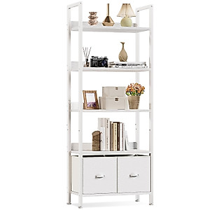 Furologee 5 Tier Bookshelf with Drawers, White Tall Bookcase with Shelves, Wood and Metal Bookshelves Storage Organizer, Modern Display Free Standing Shelf Unit for Bedroom, Living Room, Office